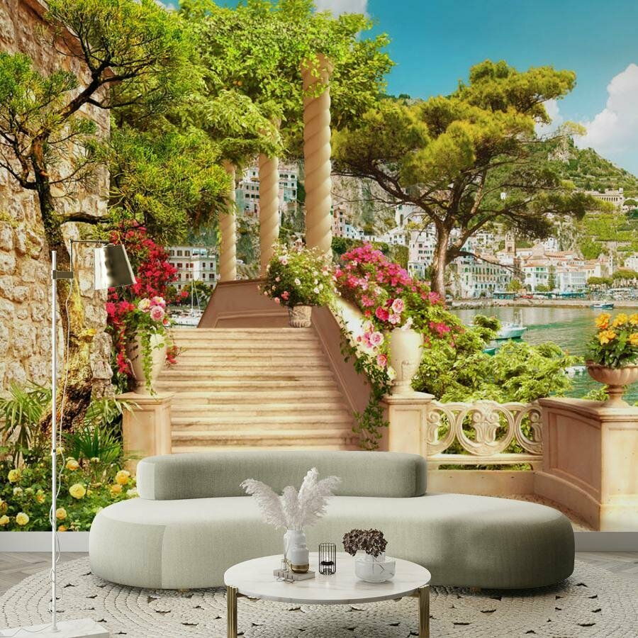 Фотообои Колонны с лестница возле набережной 19-0194-S-Холст 270 x 200 см (ВхШ) Бесшовные, флизелиновые, влагостойкие обои MasterFresok