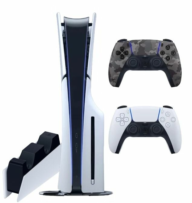 Игровая приставка Sony PlayStation 5 Slim с дисководом + 2й геймпад серый камуфляж и зарядная станция