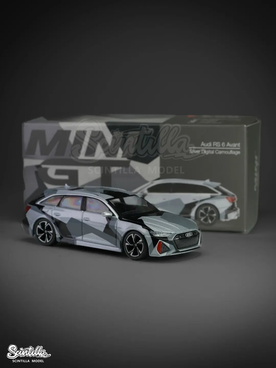 Машинка MINI GT #255 Audi RS 6 Avant Silver Digital Camouflage Alloy Car Model Collection Gift