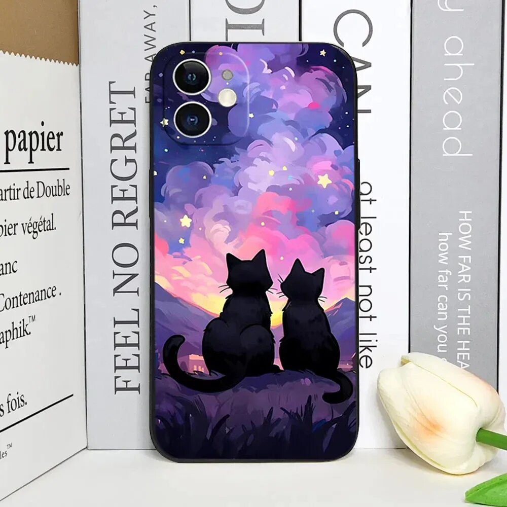 Художественный чехол для телефона Black Cat Starry Night для iPhone 16, 15, 14, 13, 12, 11 Pro Max Mini 7, 8 SE Plus, чехол для пары, мягкий чехол Fundas