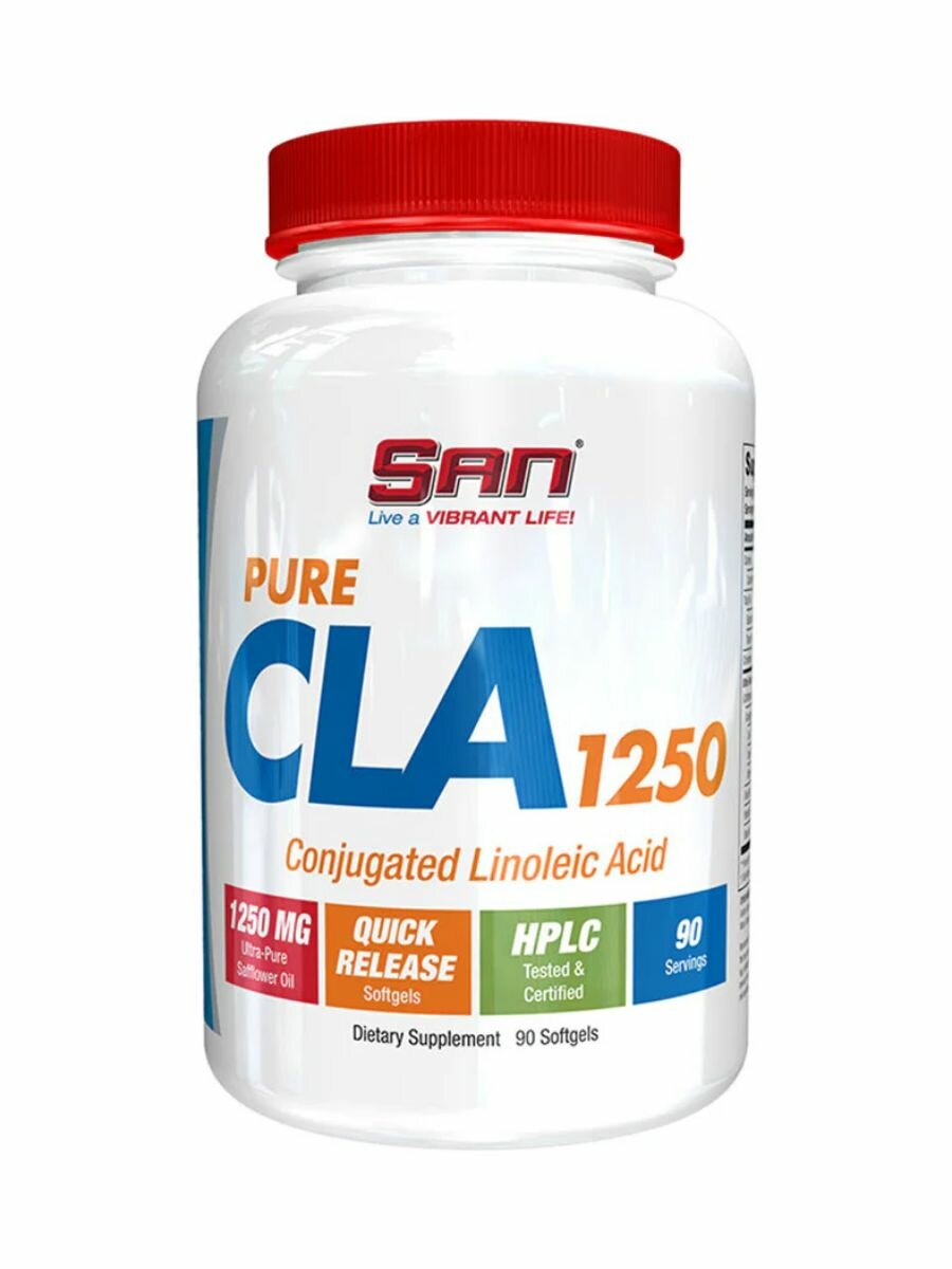 SAN Pure CLA, Конъюгированная линолевая кислота, 90 мягких капсул, Жиросжигатель для похудения, для ускорения обмена веществ и энергии