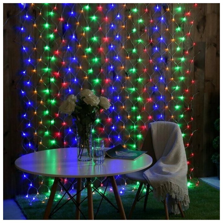 Гирлянда-штора уличная "Сеть", светодиодная электрогирлянда для фасадов и деревьев, праздничный декор на Новый год, украшение для дома и улицы, 2 х 3 м, IP44, УМС, прозрачная нить, 384 LED, свечение мульти, 220 В