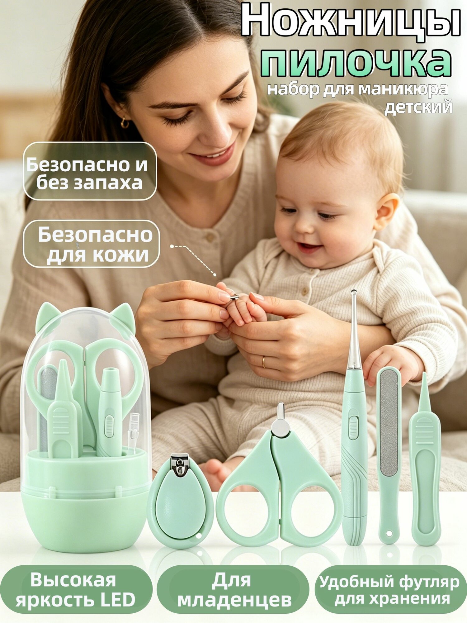 Набор для ухода за новорожденным / набор для маникюра детский. Ножницы, пилочка, пинцет, кусачки для ногтей.