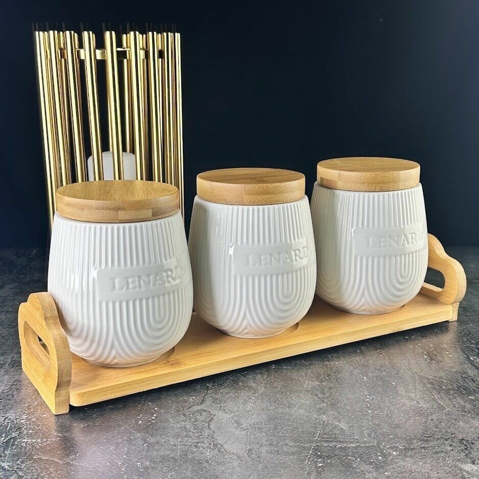 Набор 3 штуки Банка Lenardi Bamboo 600мл, подставка, фарфор, бамбук