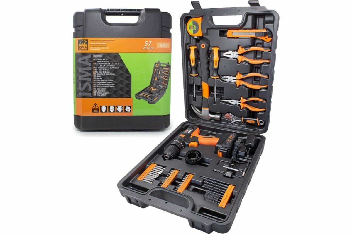 ISMA Дрель-шуруповерт в комплекте с набором инструментов 57 предметов (16v, 1.3ah) ISMA-1057(50646)