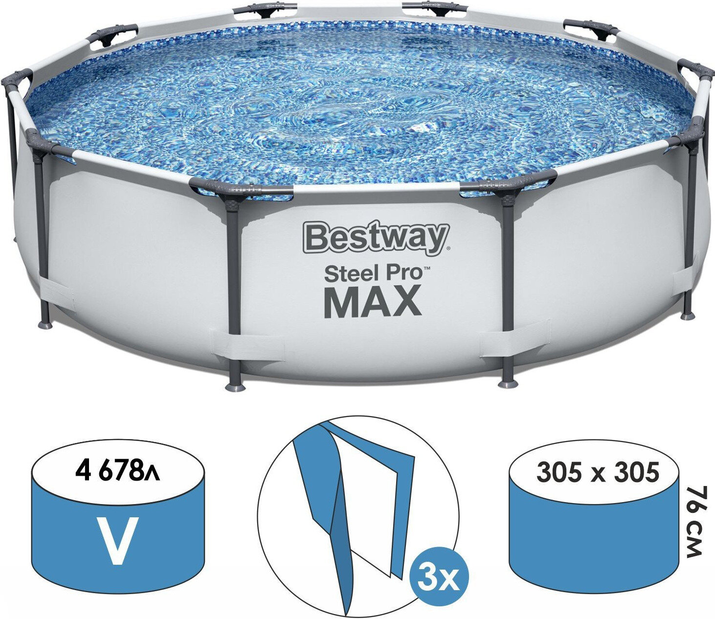 Бассейн каркасный круглый Bestway Steel Pro Max уличный для плавания, купания и игр в воде, на дачу, 305 х 76 см