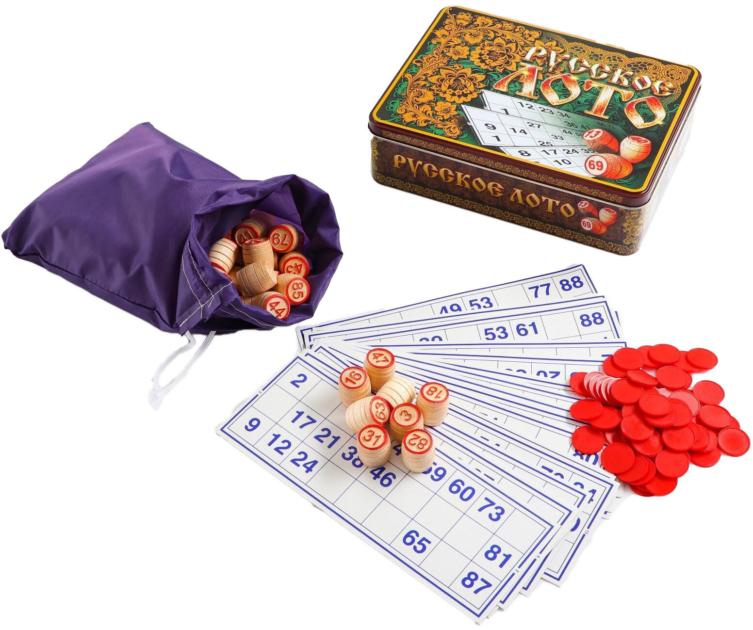 Развивающая настольная игра "Русское лото. Русские узоры", набор с карточками и фишками, 90 бочонков + мешочек, микс