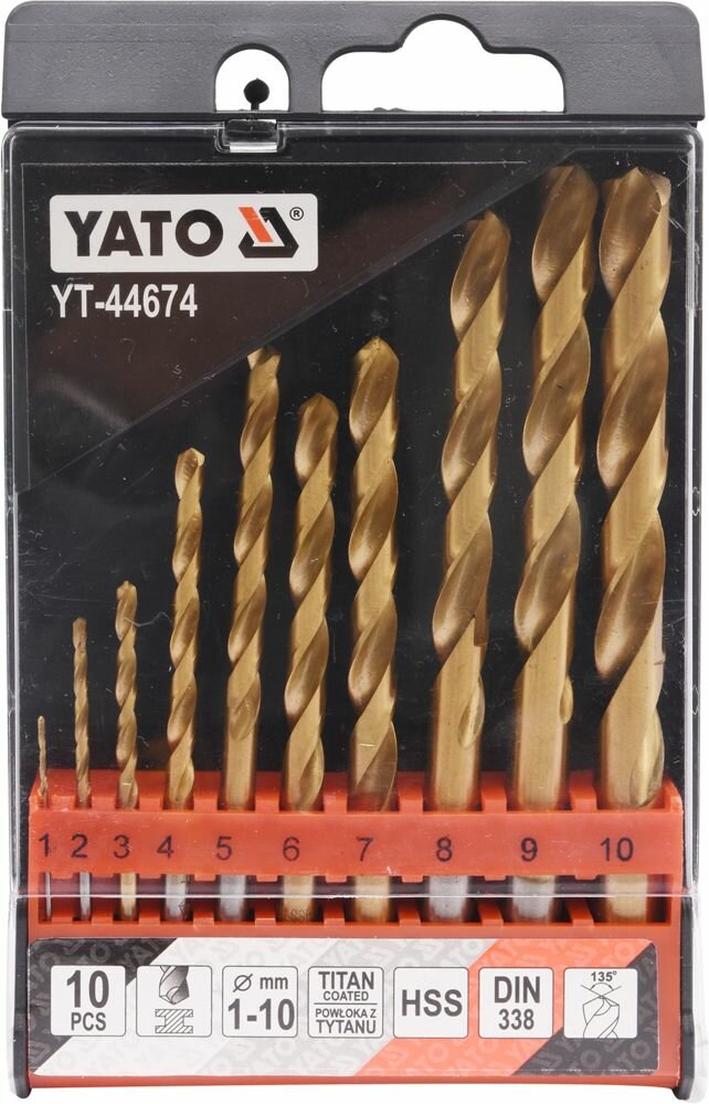 Набор сверл по металлу HSS-TiN 10 шт. 1-10мм YT-44674