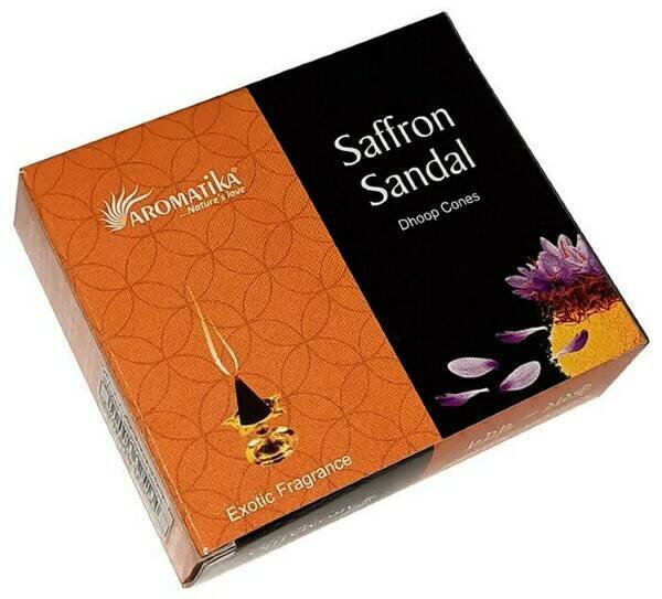 SAFFRON SANDAL DHOOP CONES, Aromatika (шафран сандал конусные благовония, Ароматика), уп. 25 г. + подставка.