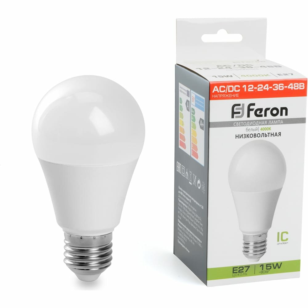 Светодиодная низковольтная лампа FERON (15W) 12-48V E27 4000K A60, LB-19