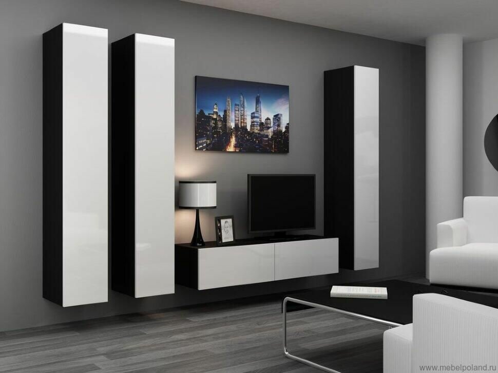 Стенка в гостиную "Виго 14" 300х200х42, черный / белый глянец