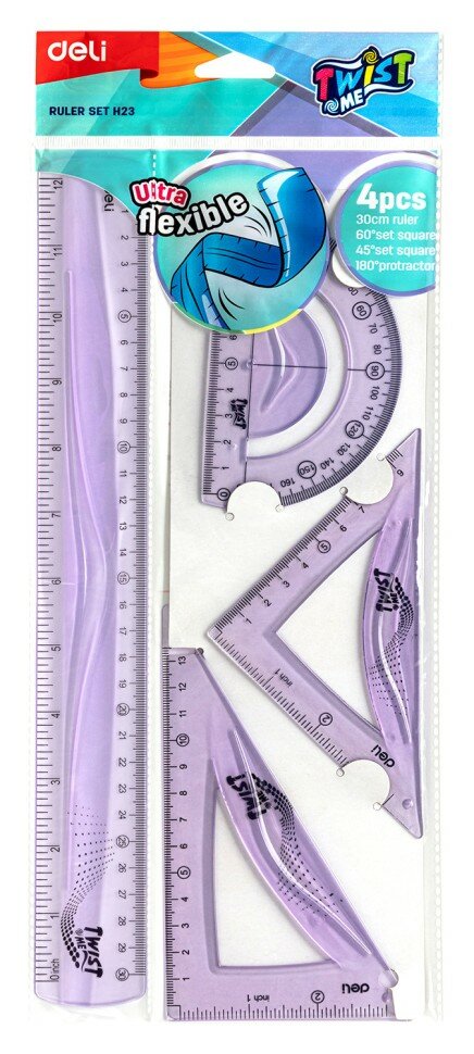 Набор для чертежей Deli EH23 корпус ассорти пластик в компл: линейка 30см/прямоугольник/треугольник/транспортир