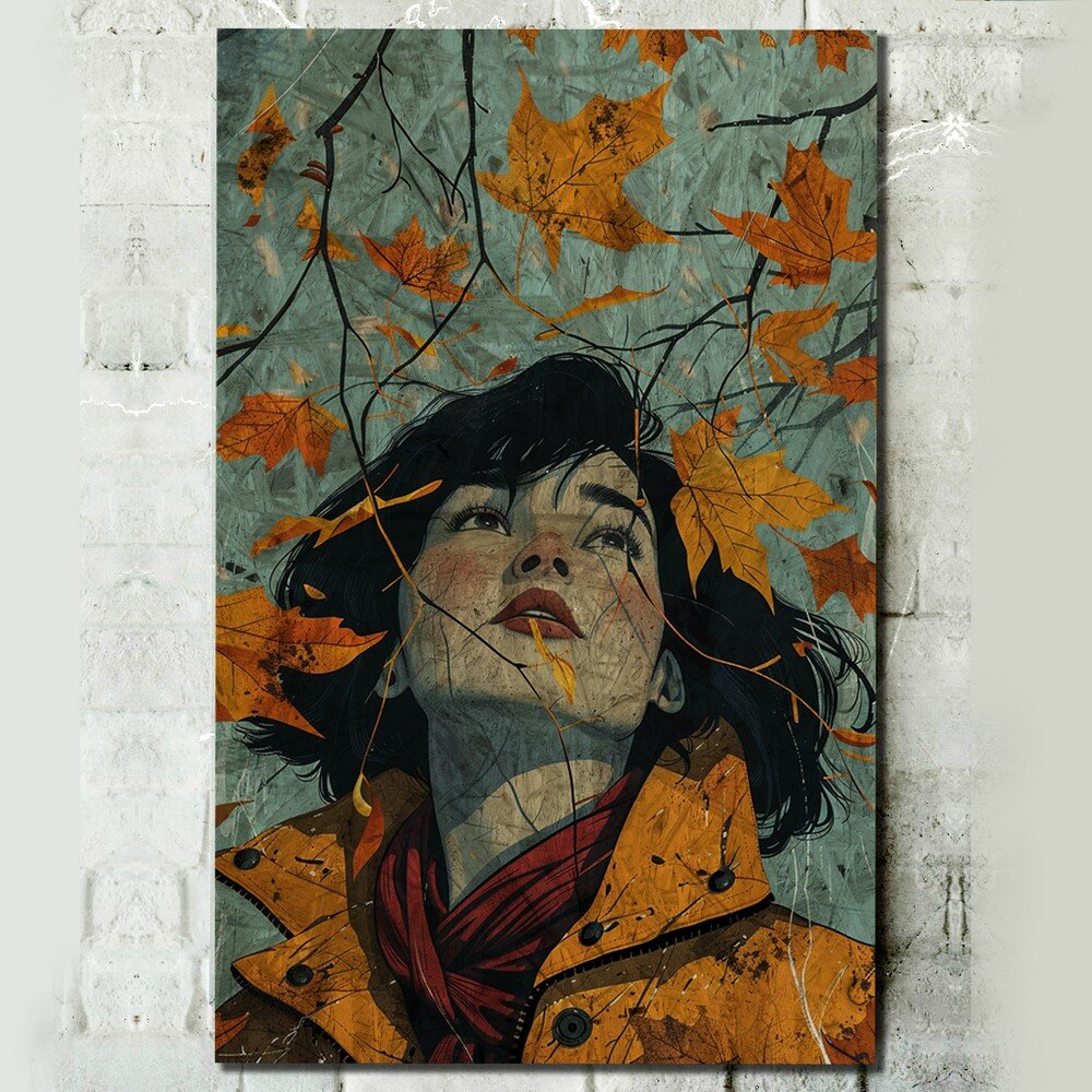 Картина интерьерная на рельефной доске девушка осень (природа, листопад) - 15729 В