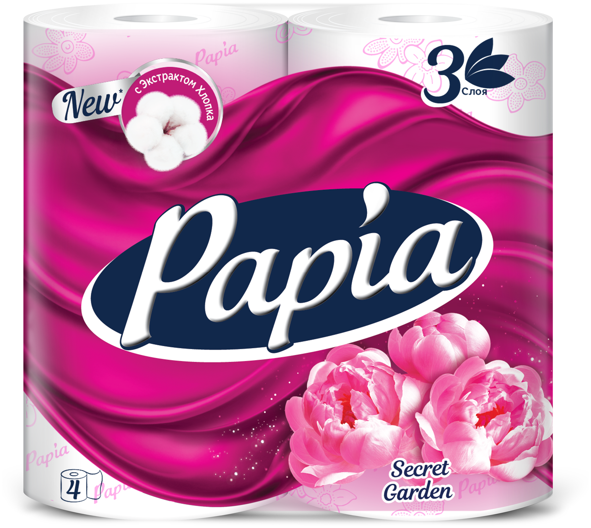 Туалетная бумага Papia Таинственный сад с экстрактом хлопка, 3 слоя, 4 рулона
