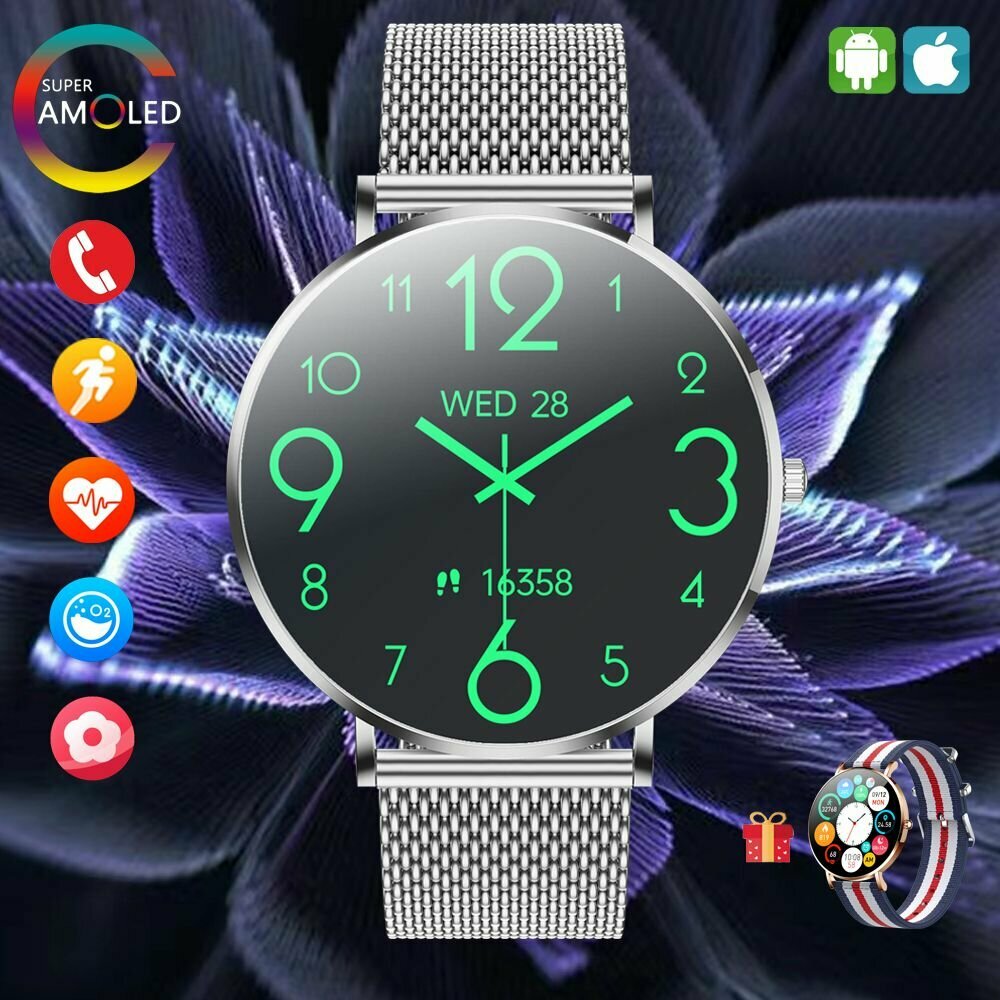 Смарт часы женские круглые , умные часы наручные с функцией звонка для IOS, Android, электронные сенсорные, фитнес трекер,