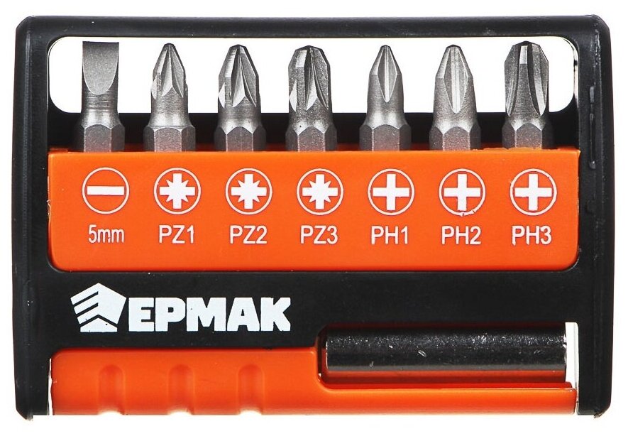 Набор бит Ермак 8 штук, с адаптером, SL5, PZ1, PZ2, PZ3, PH1, PH2, PH3