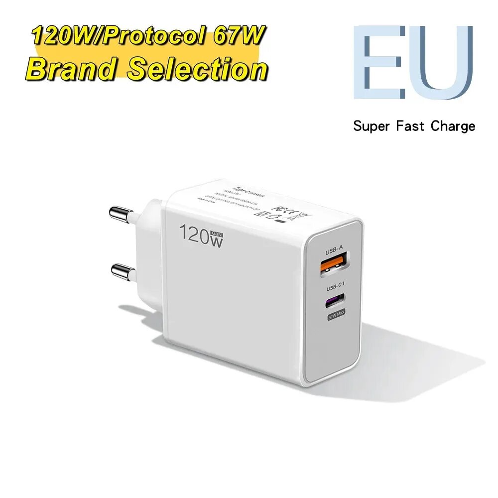 USB-зарядное устройство PD GaN, 120 Вт, быстрая зарядка, высокоскоростное зарядное White EU Plug