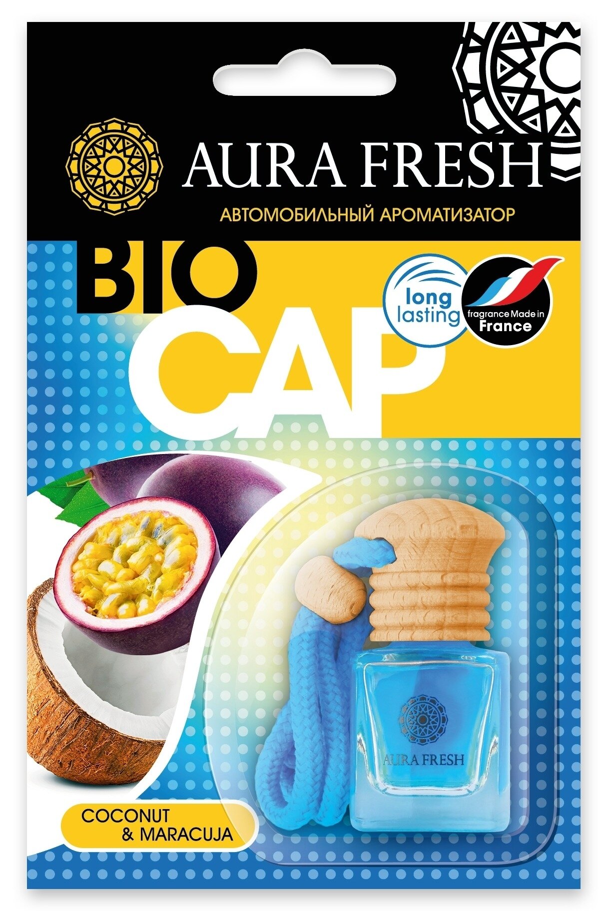 Ароматизатор автомобильный Aura Fresh / Аура Фреш Bio Cap Coconut&Maracuja подвесной, фруктовый, 6мл / автотовары