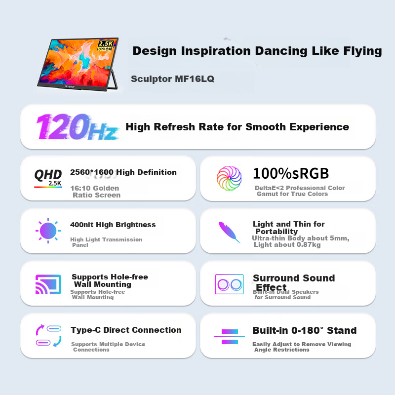 Sculptor 16-inch 2K/2.5K Portable Monitor 120Hz Refresh Rate 100% sRGB Color Gamut Computer Laptop Secondary Screen Switch Mobile PS5 Extended Screen Mobile Split Screen