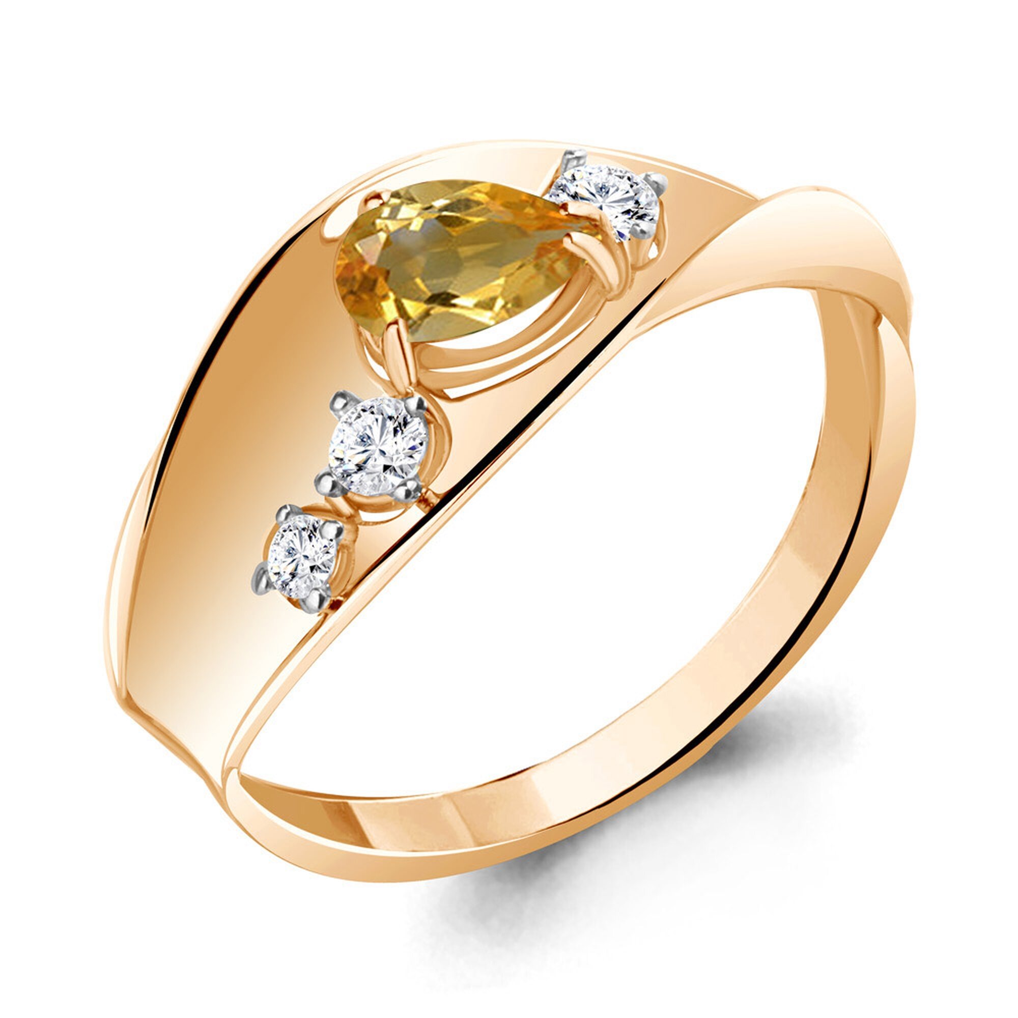 Кольцо, серебро, 925 проба, золочение, фианит, цитрин