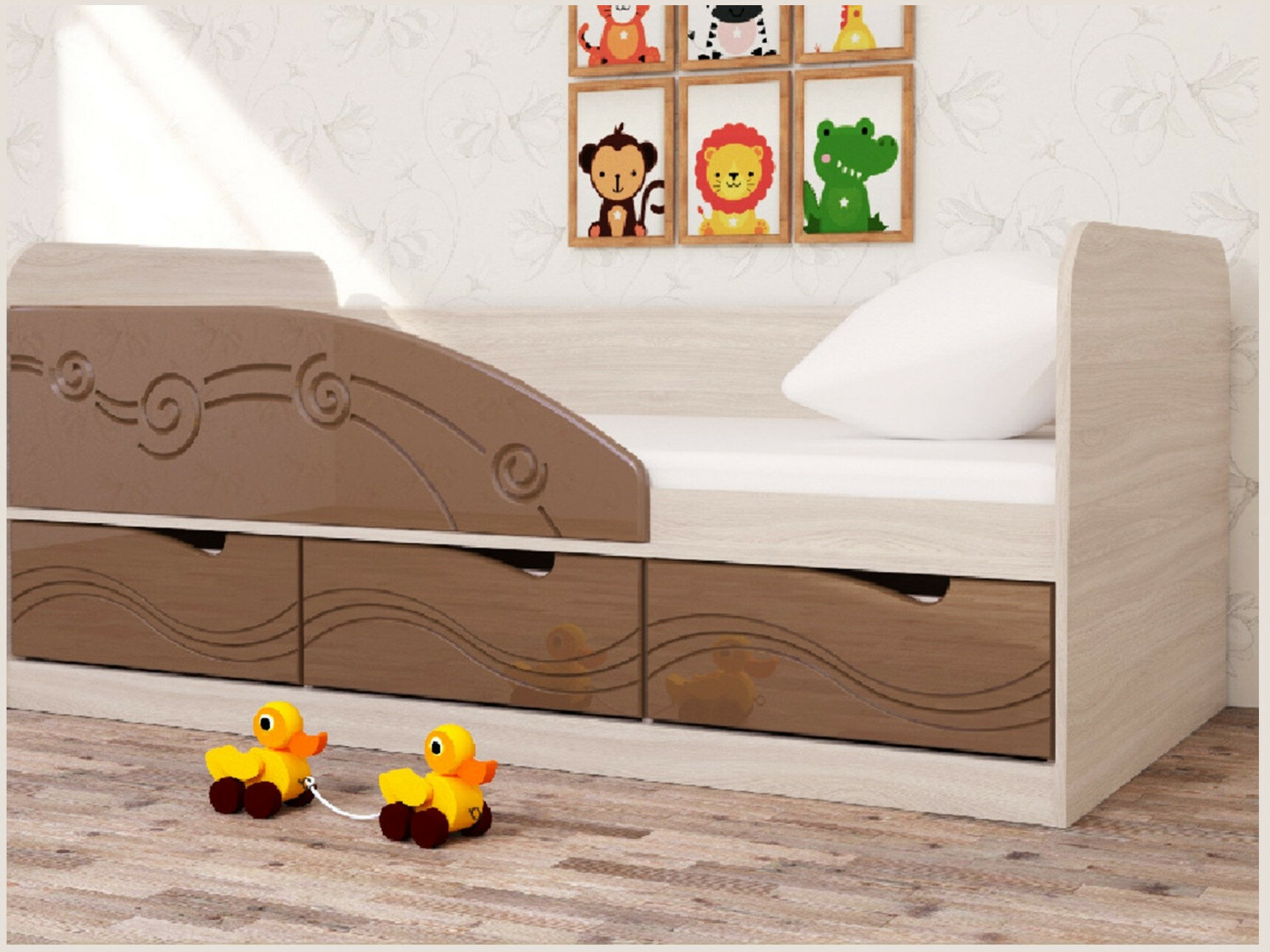 Кровать с выдвижными ящиками, 80х160 фрезеровка Волна (Ясень шимо светлый/Шоколад/фрезеровка Волна)