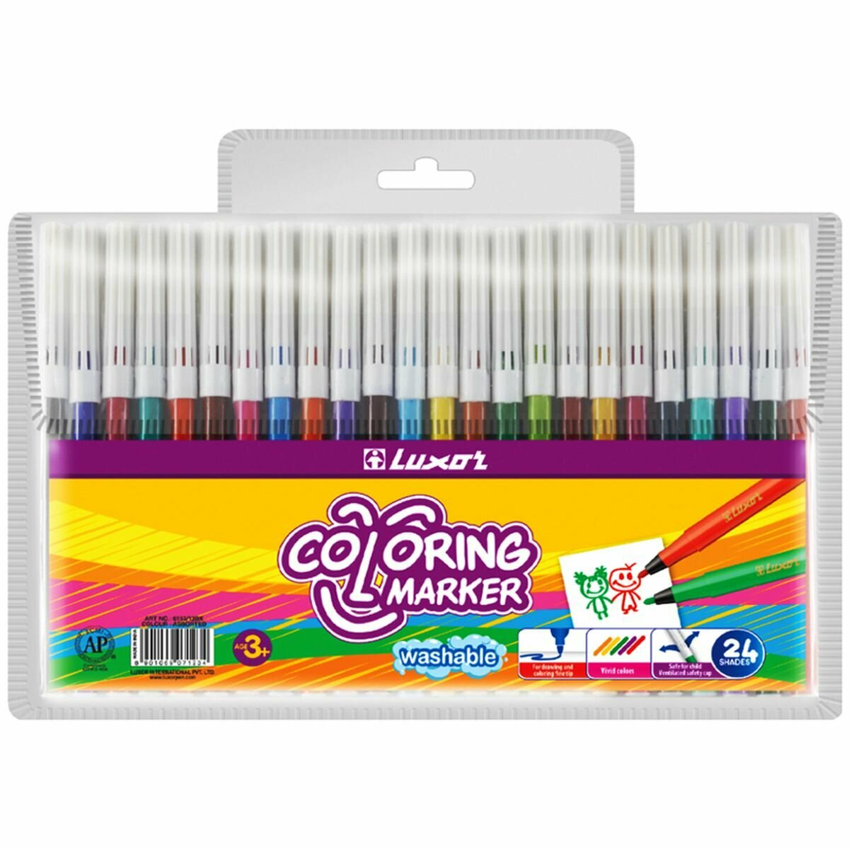 Набор фломастеров 24 цвета Luxor Coloring (линия 1мм, смываемые) пвх-упаковка (6101/24 WT), 12 уп.