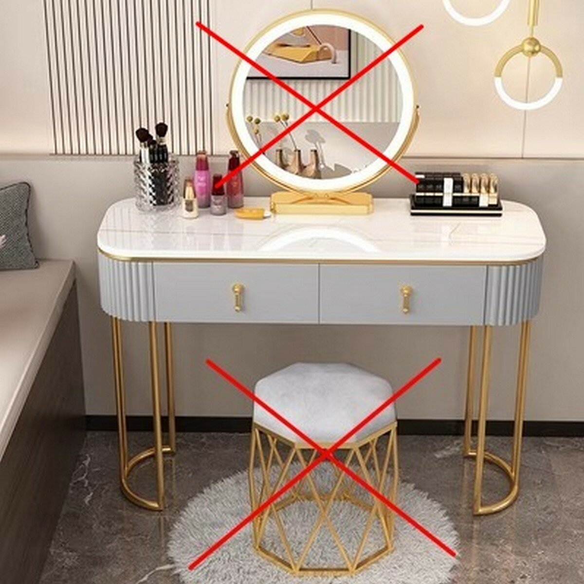 Современный туалетный столик Marta, серый с золотом, без тумбы (120 см белая столешница, без зеркала, без табурета)