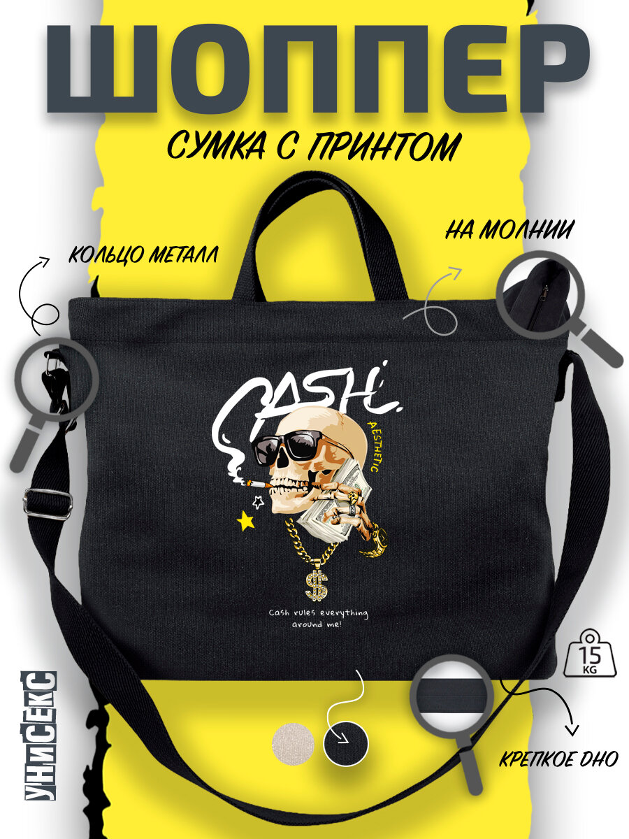 Сумка  шоппер y2k через плечо череп с деньгами cash