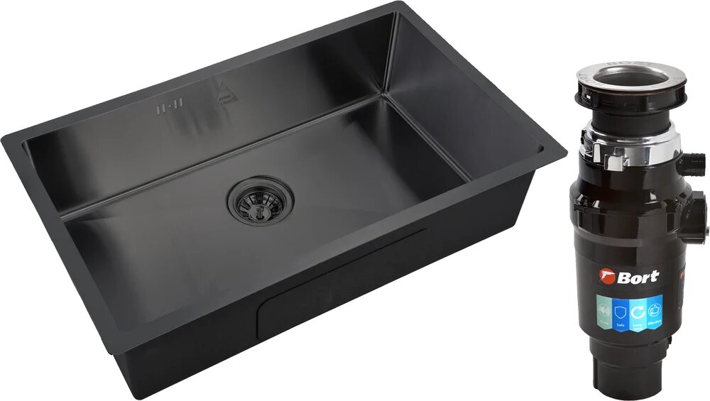Комплект Мойка Steel Hammer SH 7444 GRAFIT 74x44, grafit, нержавеющая сталь / Измельчитель Bort Master Eco 91275752 электрический, нержавеющая сталь