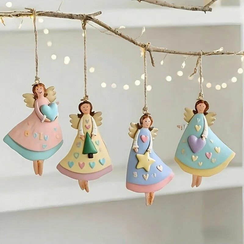 Елочные украшения 8 см Ангел белый, зеленый 4 шт.