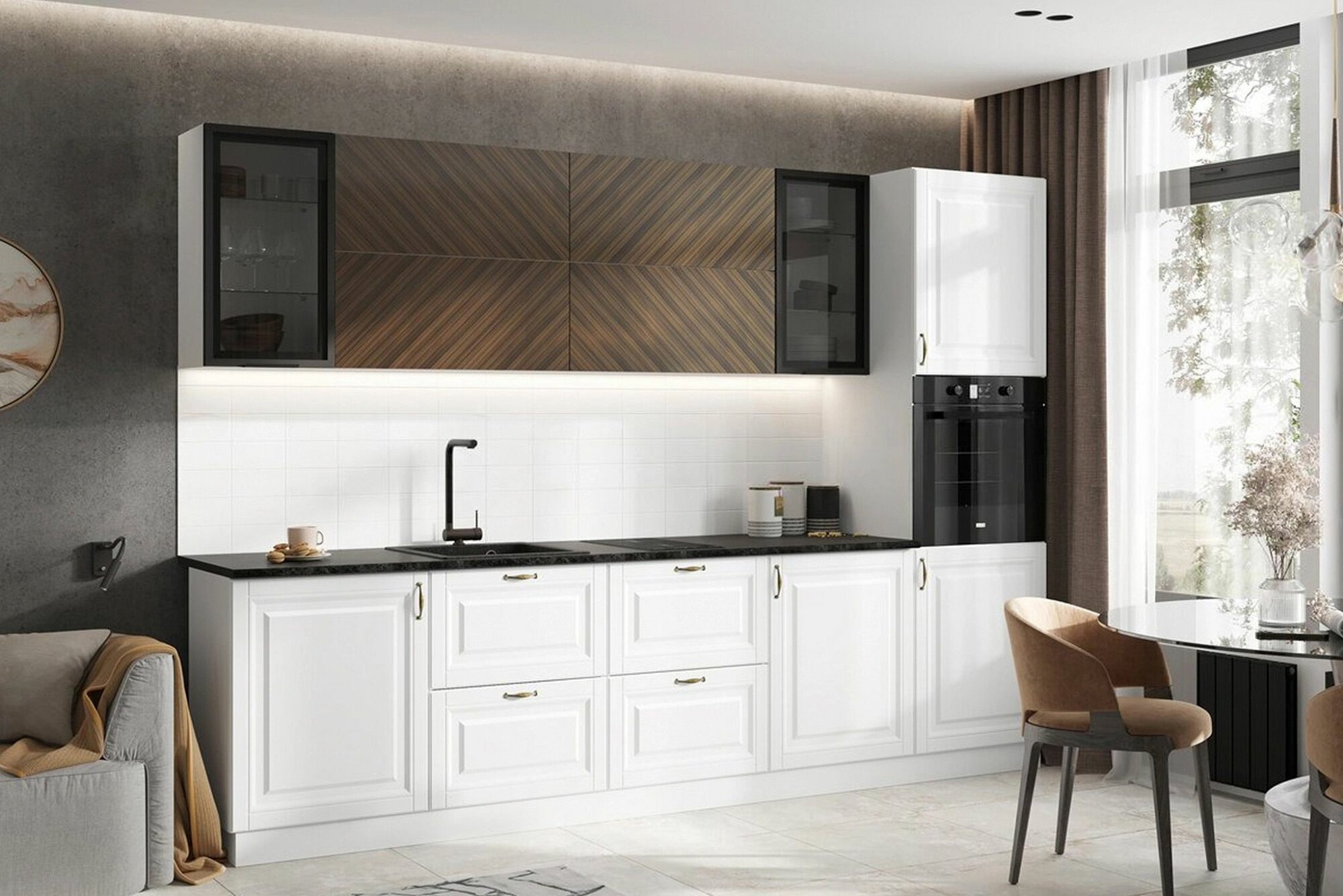 Кухня Престиж 3,0м (490) Компоновка №1 (Браш Вайт/Прайм орех, Белый (Кастилло темный))