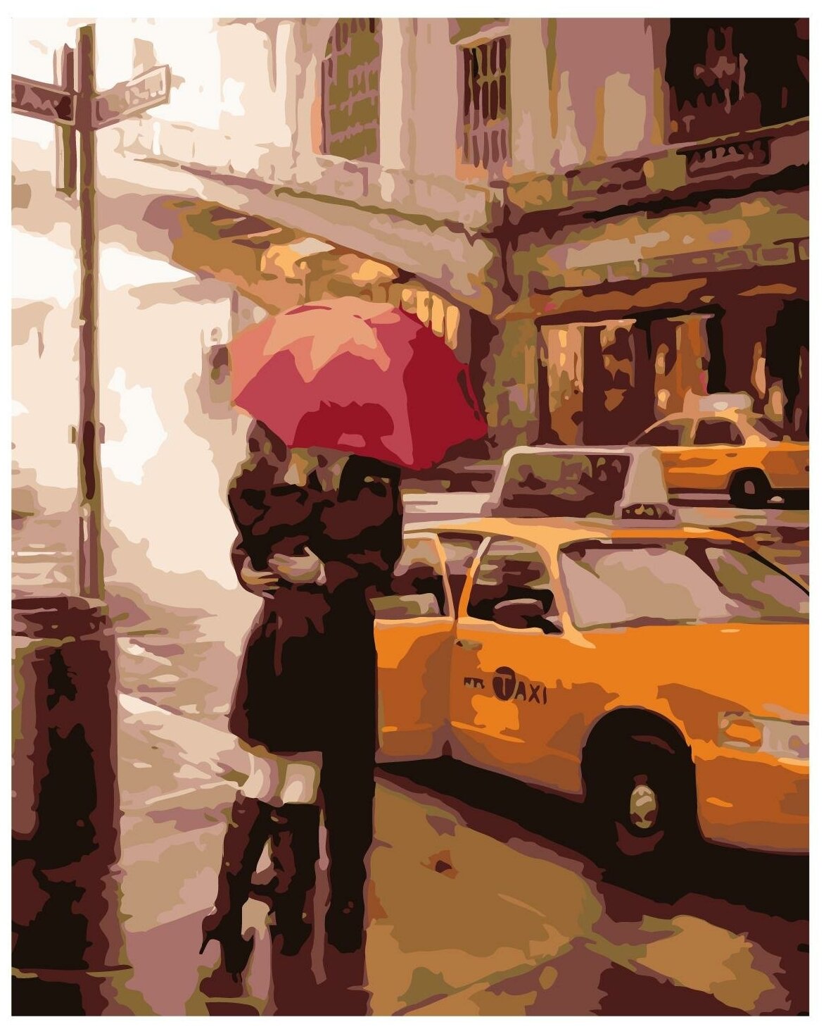 Картина по номерам, "Живопись по номерам", 40 x 50, DA08, Влюблённые, поцелуй, дождь, зонт, картинки, любовь, Париж, такси, дождь