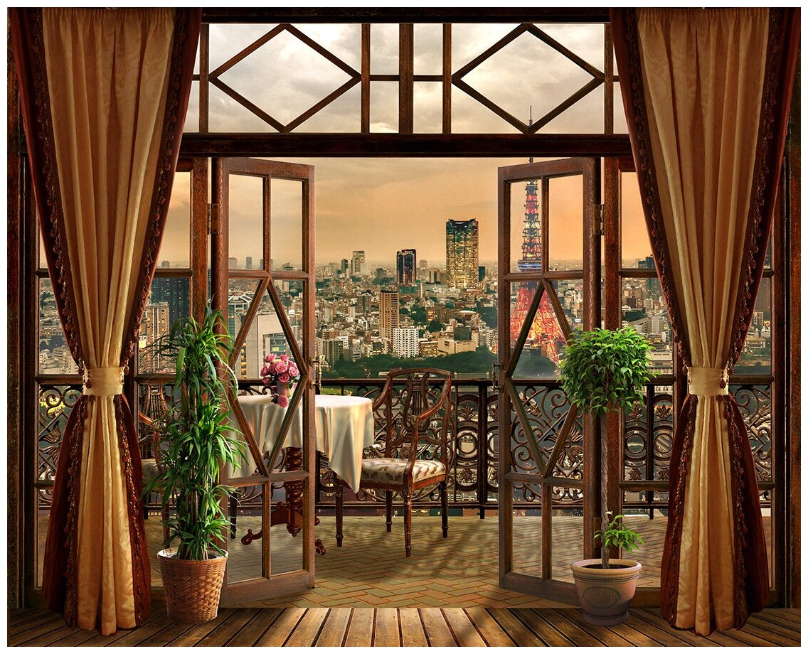 Фотообои Уютная стена "Вид на ночной Париж с балкона" 330х270 см Бесшовные Премиум (единым полотном)