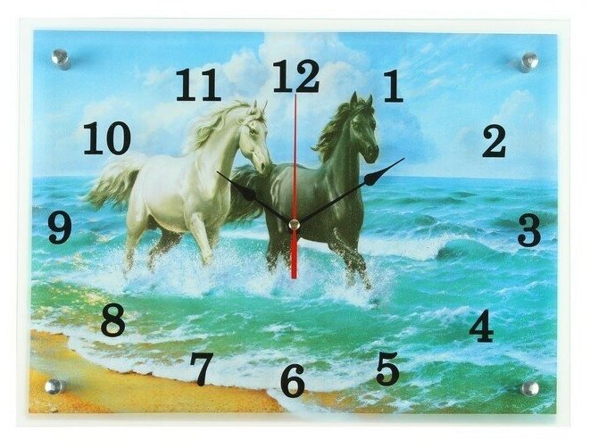 Часы настенные, серия: Животный мир, "Лошади в море", 30х40 см, часы для декора