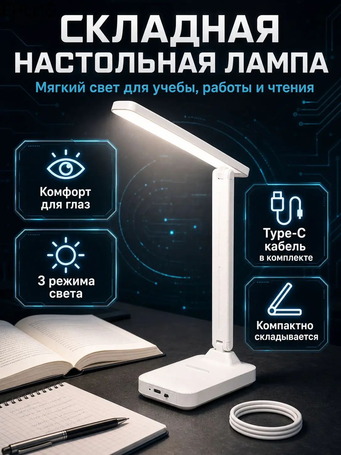 Светодиодная настольная лампа, сенсорное управление, белая