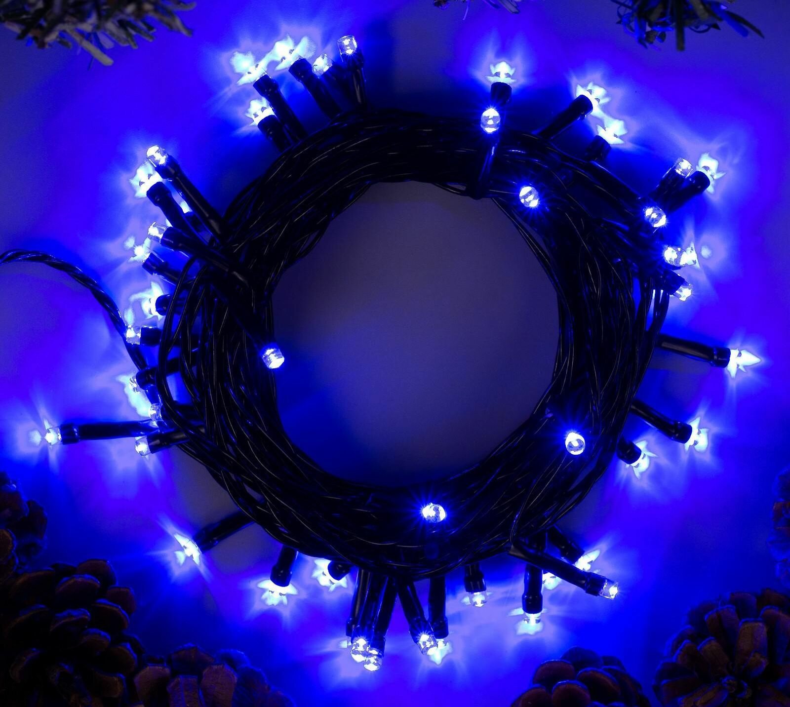 Гирлянда интерьерная светящаяся "Нить" 5 м, IP20, темный шнур, 50 LED, свечение синее, 8 режимов, работает от сети, 220 В, декоративная новогодняя электрогирлянда