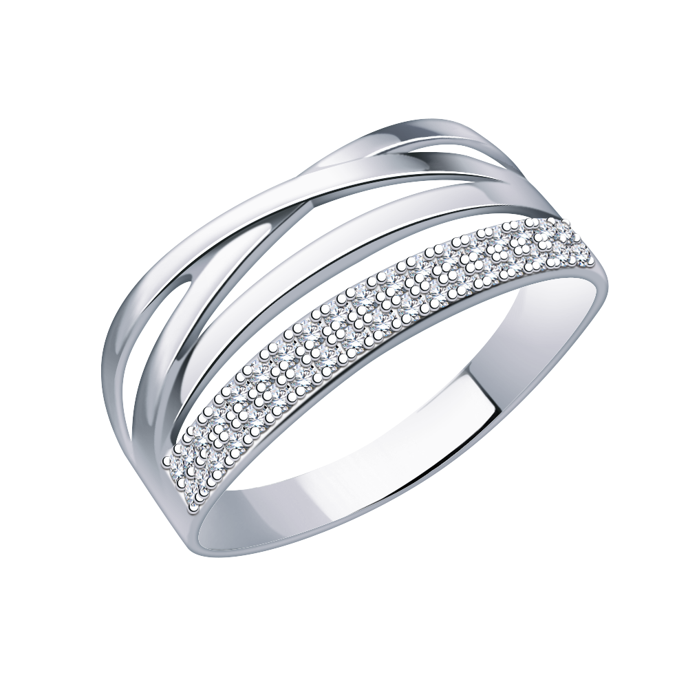 Кольцо широкое, серебро, 925 проба, фианит