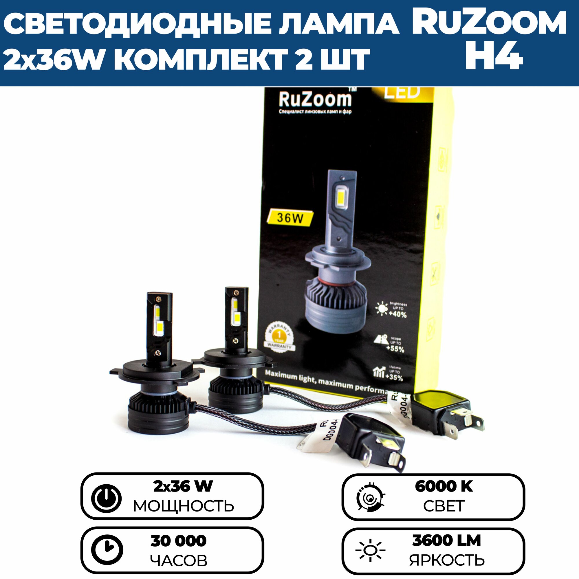 Светодиодные лампы LED 36W RuZoom с цоколем H4, комплект 2 шт.