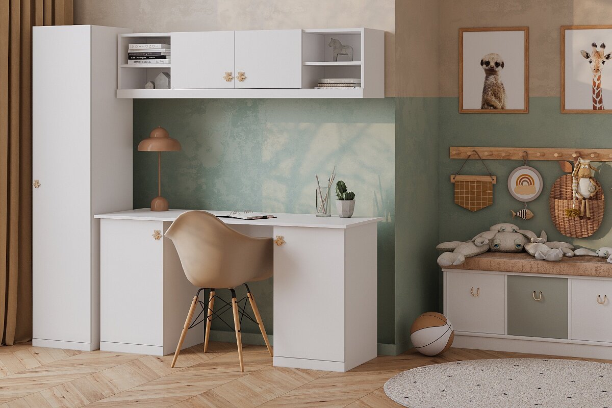 Детская стенка МебельЛэнд24 Скарабей Mini - 11 Белый 195x60x210 со шкафом со столом
