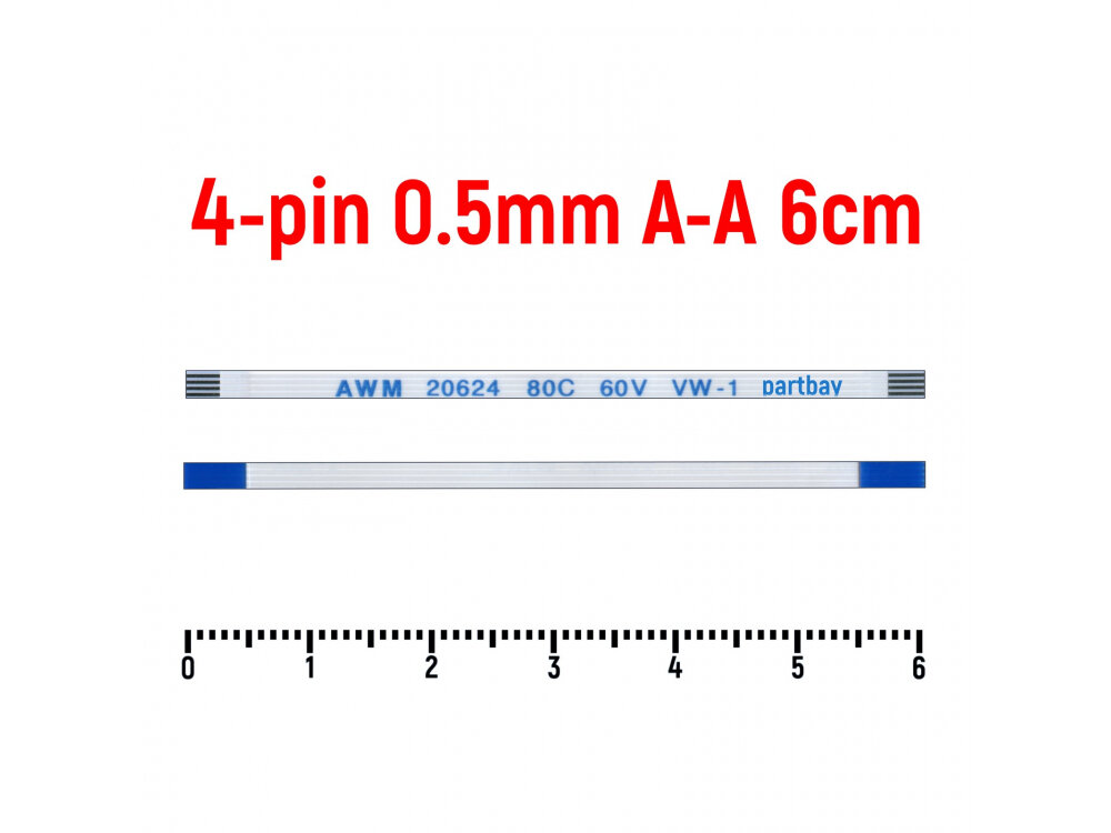 Шлейф FFC 4-pin Шаг 0.5mm Длина 6cm Прямой A-A AWM 20624 80C 60V VW-1