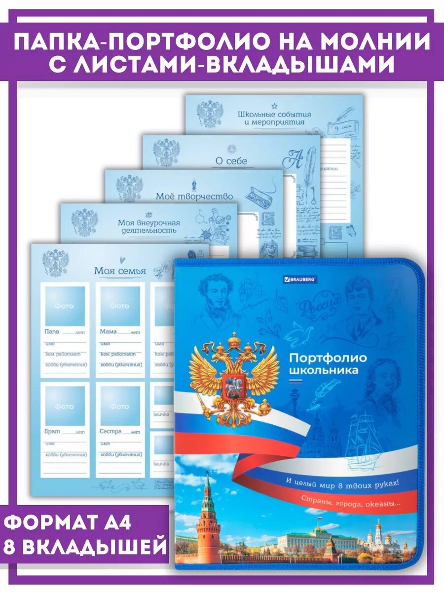 Папка-портфолио школьника BRAUBERG, на молнии, 8 вкладышей, формат А4