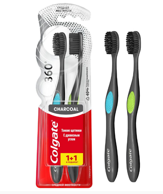 Зубная щетка Colgate, 360 древесный уголь, 2 шт