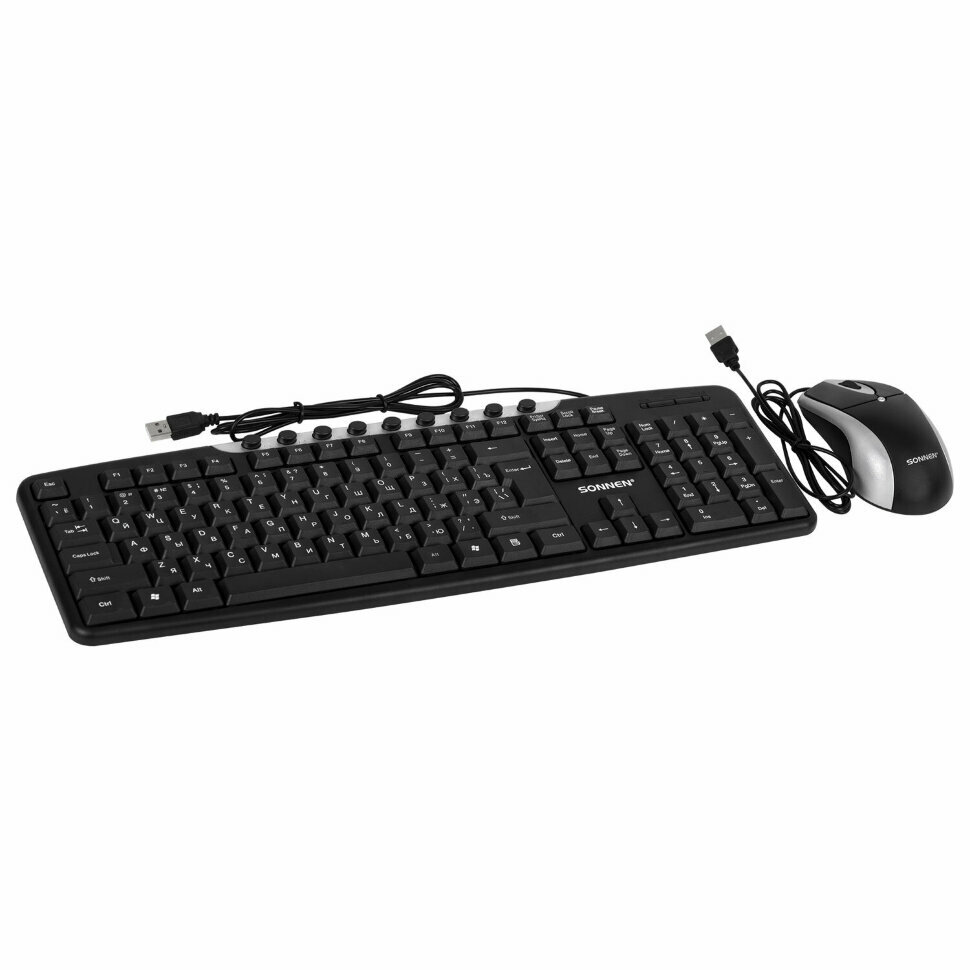 Набор проводной SONNEN KB-S110, USB, клавиатура 113 клавиш, мышь 3 кнопки, 1000 dpi, черный/серебристый, 513854, 513854