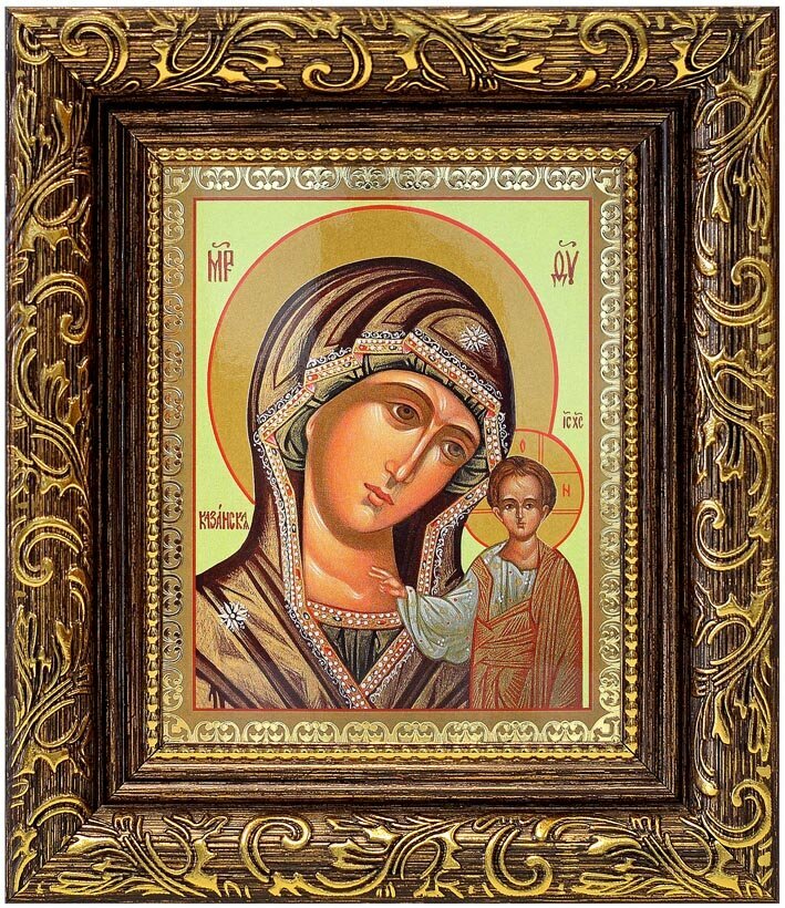 Казанская икона Божией Матери (лик № 109), в широкой темной пластиковой рамке 14,5*16,5 см