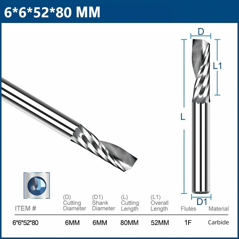 Фреза концевая однозаходная XCAN 6x52x80мм, спиральная однозаходная по дереву и пластику