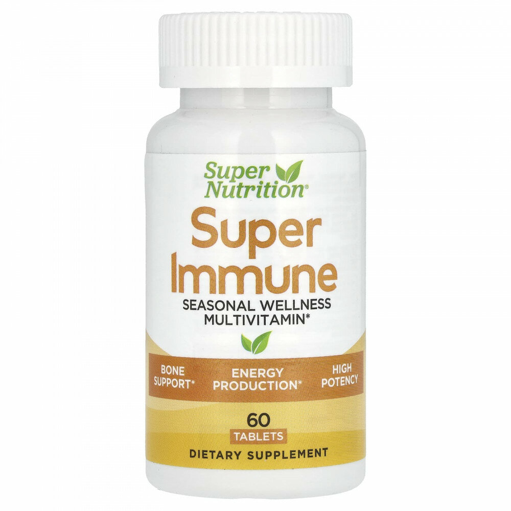 Super Nutrition, Super Immune, высокоэффективные мультивитамины с глутатионом, минералами и травами для укрепления иммунитета, 60 таблеток