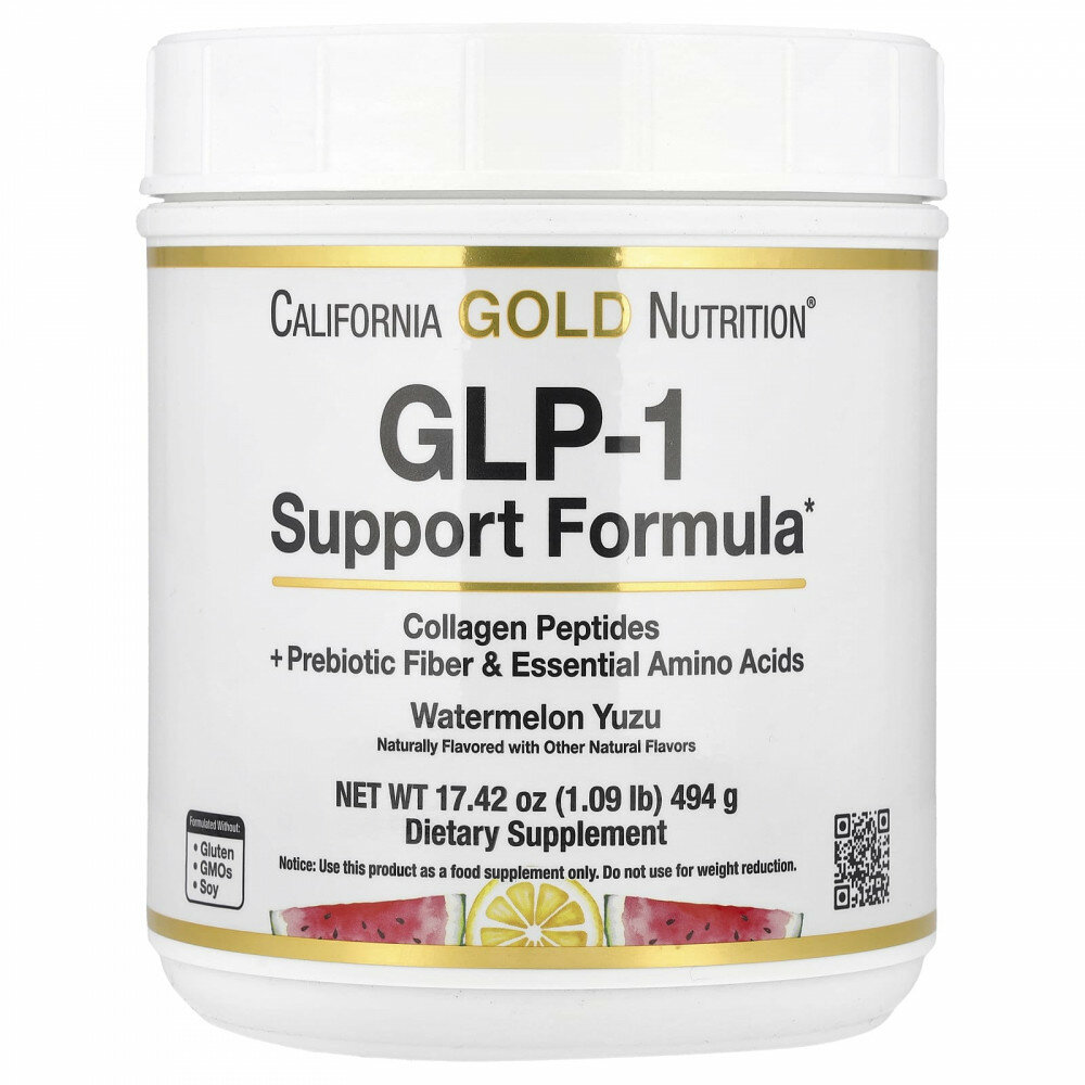 California Gold Nutrition, добавка для поддержания уровня ГПП-1 с пептидами коллагена, пребиотической клетчаткой и незаменимыми аминокислотами, со вкусом арбуза и юдзу, 494 г (1,09 фунта)