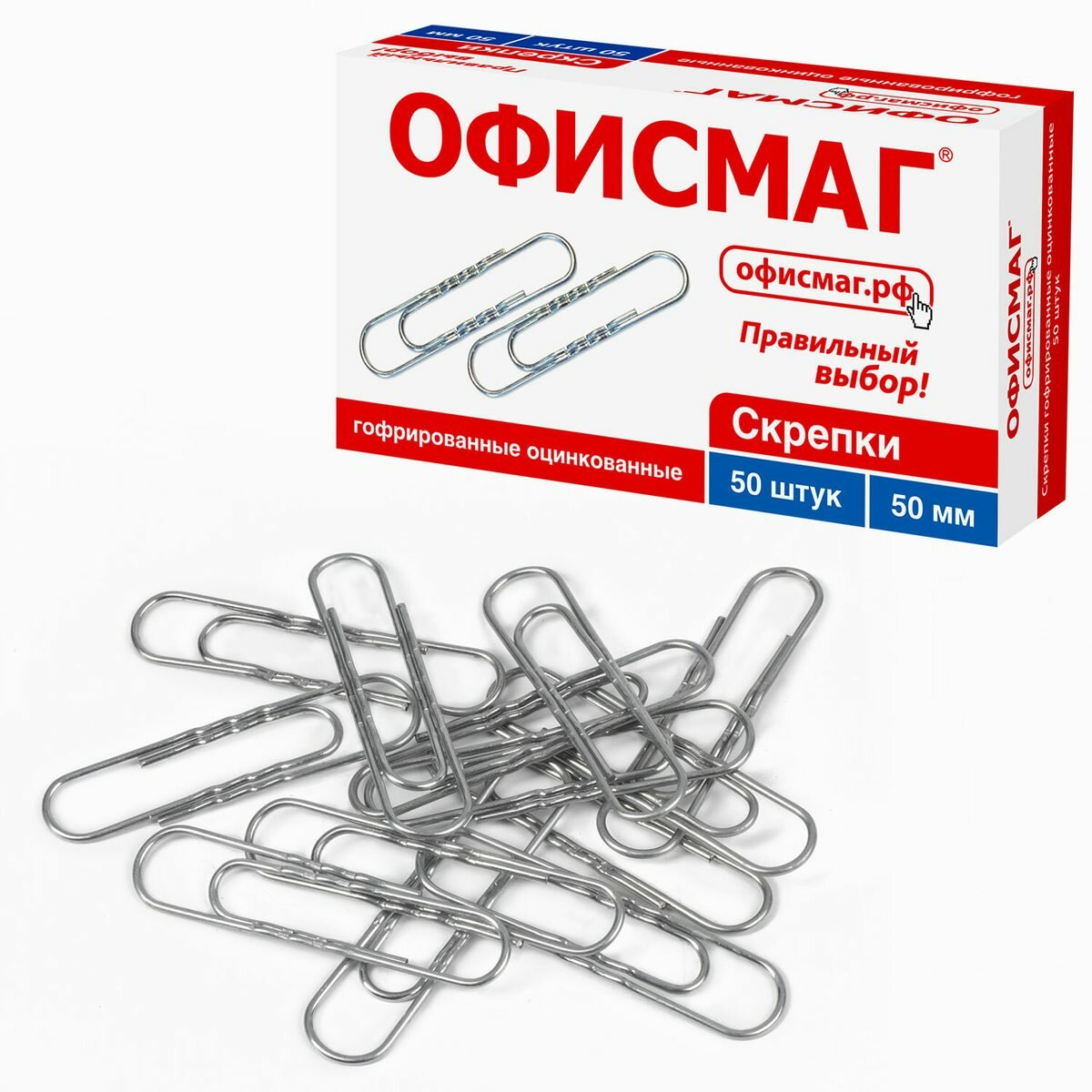Скрепки Офисмаг (50мм, оцинкованные, гофрированные) картонная упаковка, 50шт. (223090), 80 уп.