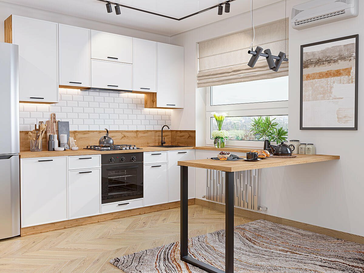 Кухня Фрейм-05, цвет фасада White Silk, цвет каркаса Дуб Вотан, 2340*2400*600 мм