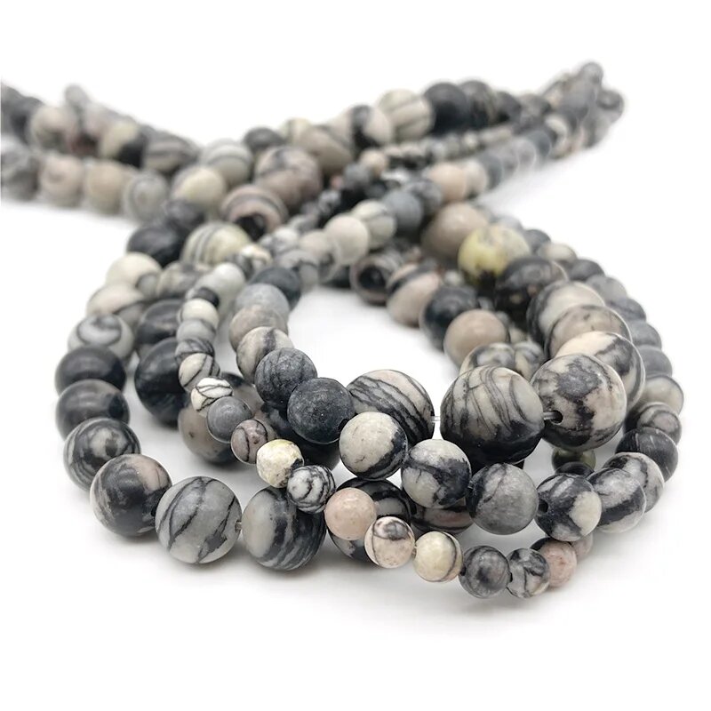 Натуральные бусины аметист амазонит агаты нефрит 4 6 8 10 мм Серый, 6mm(59-63pcs), Black Web Jasper